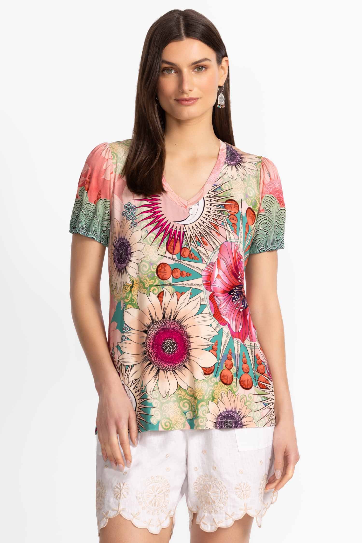 Emily Janie Fav V-Neck Puff Sleeve Tee Shirt by Johnny Was ...