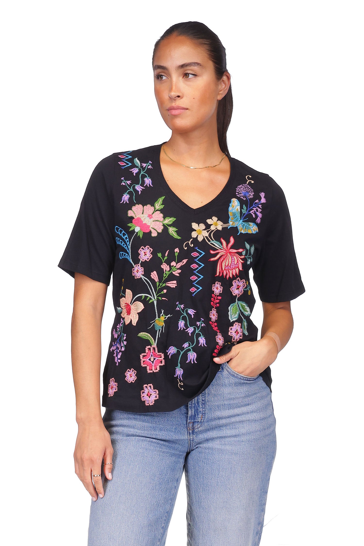 Maureen 3/4 Sleeve Trapunto V-neck Tee by Johnny Was – Frockaholics at ...
